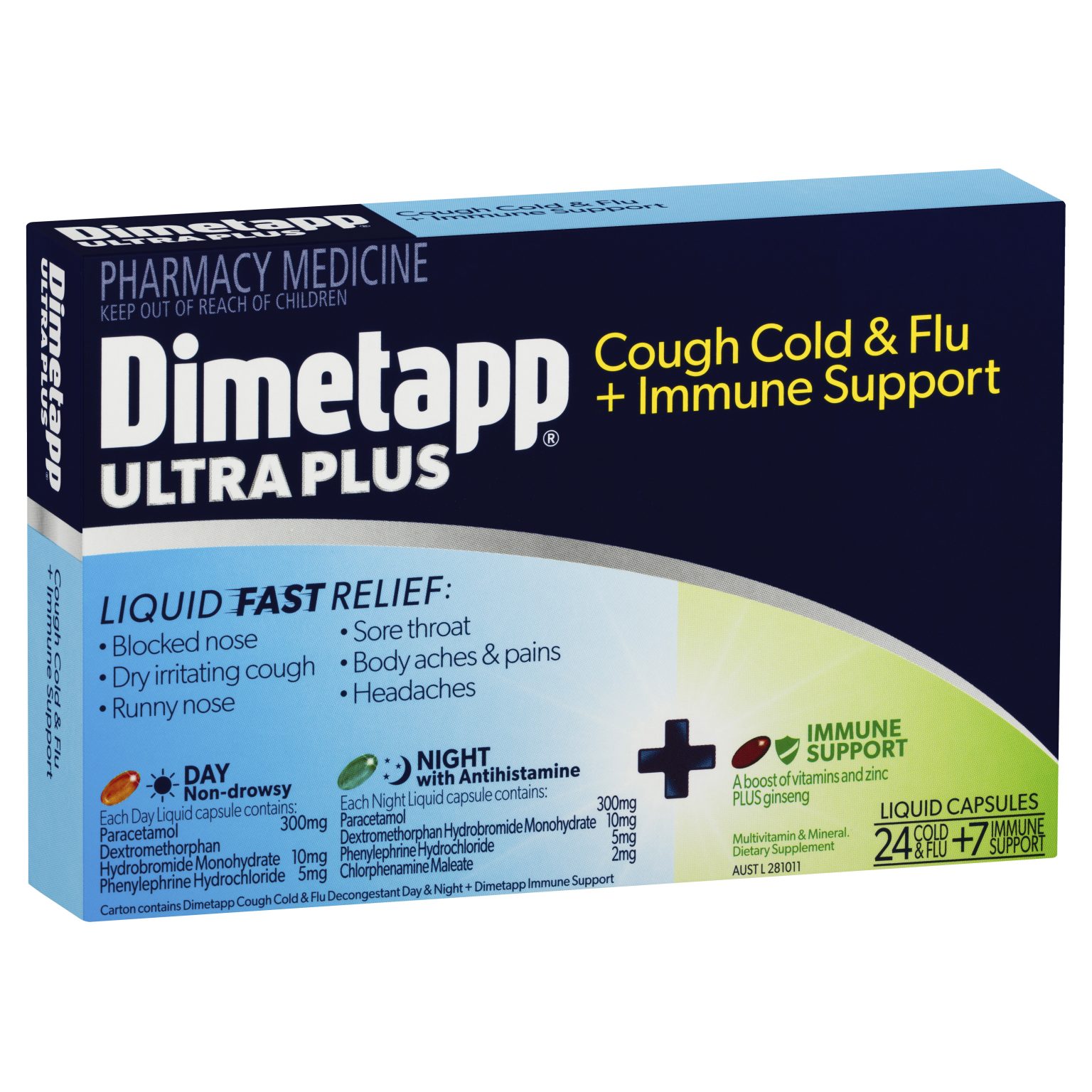 Buy Dimetapp Ultra Plus Cough Cold & Flu Liquid Capsules + Immune ...
