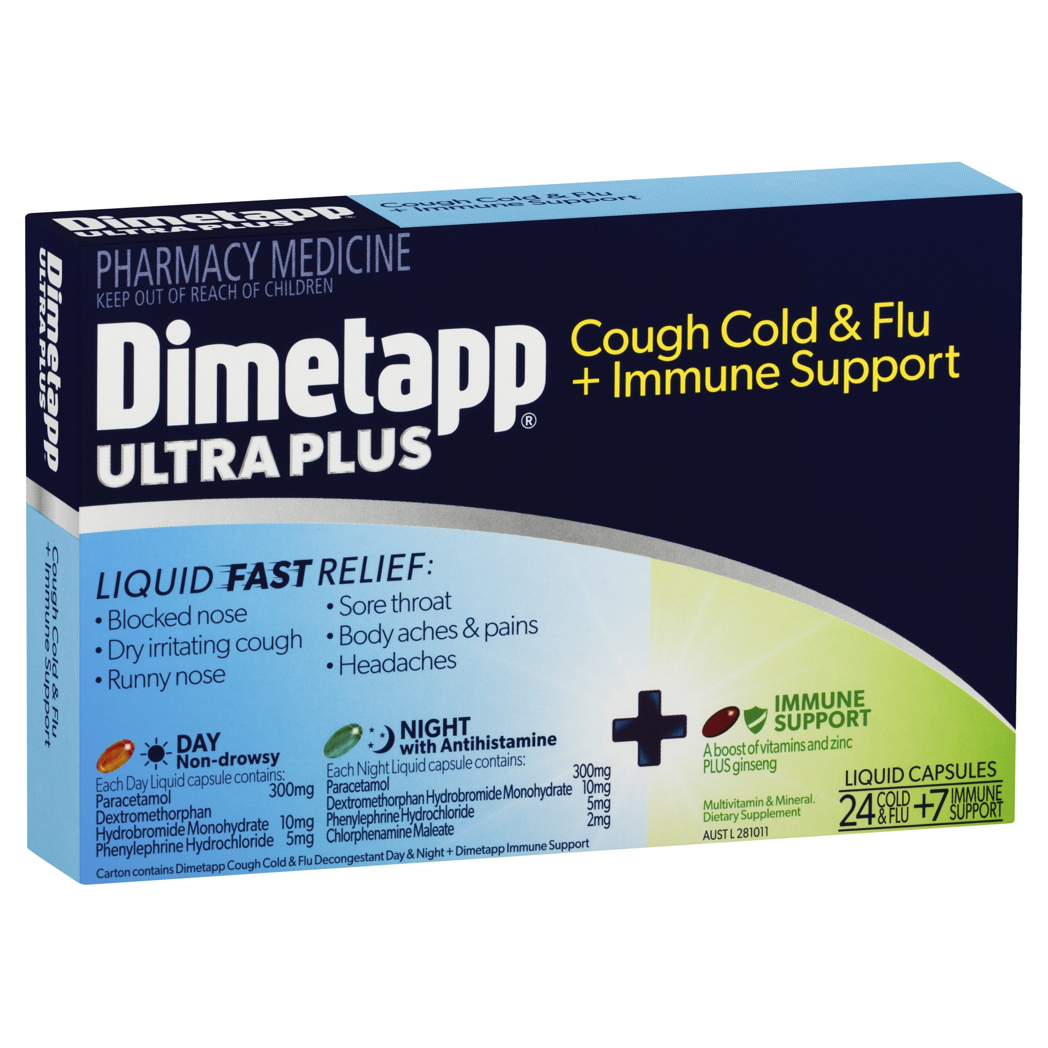 Buy Dimetapp Ultra Plus Cough Cold & Flu Liquid Capsules + Immune ...